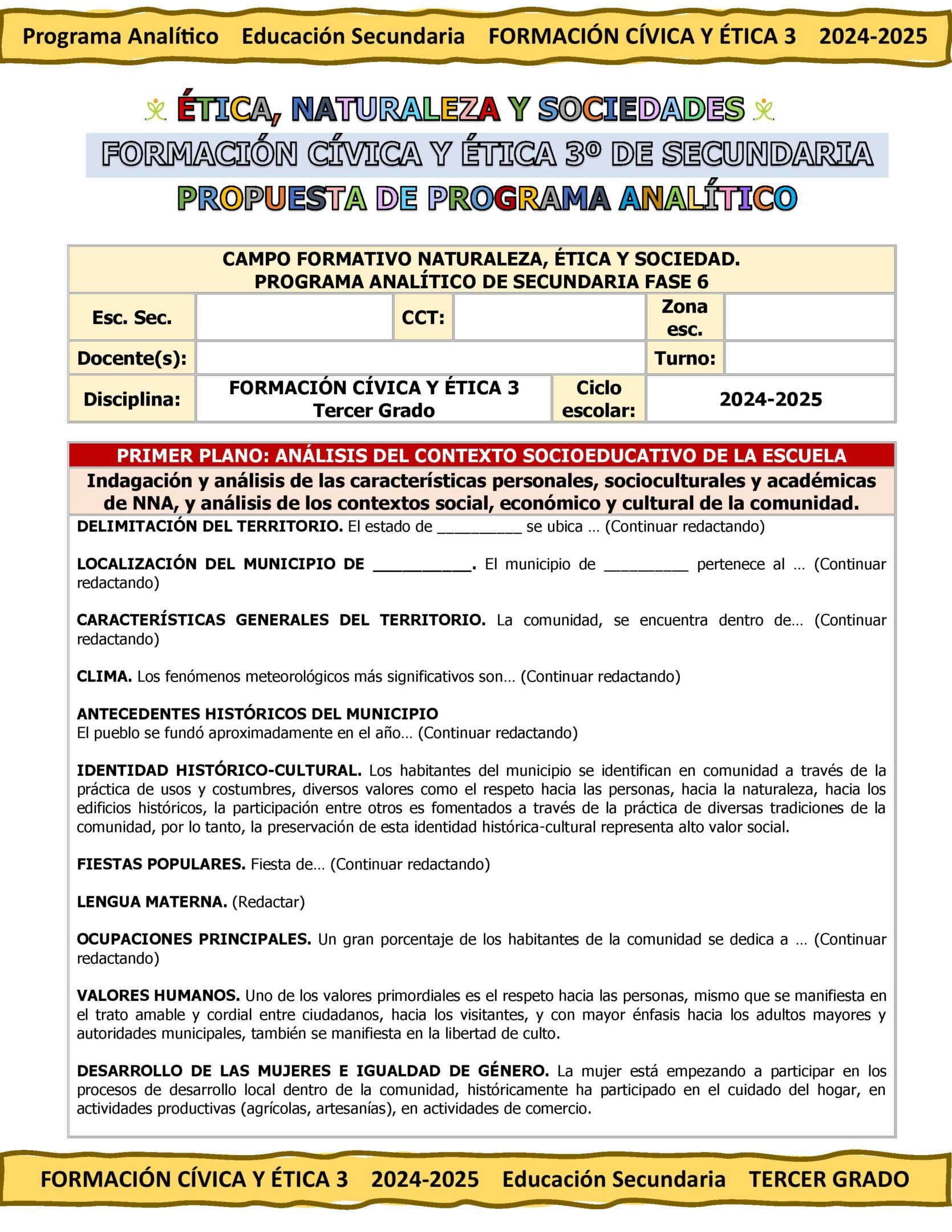 Programa Analítico Anual FORMACIÓN CÍVICA Y ÉTICA 3, Secundaria 3º ...