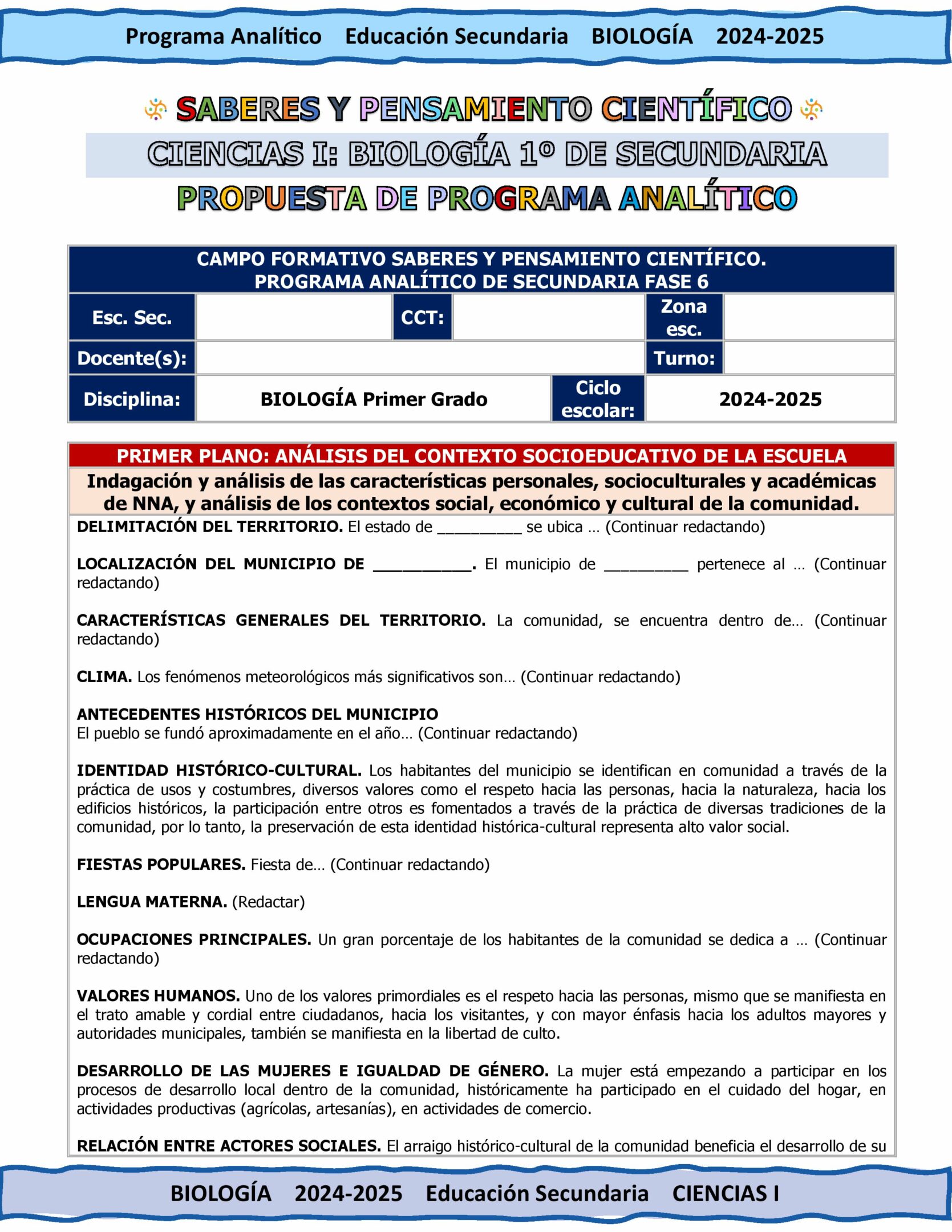 Programa Analítico Anual CIENCIAS I BIOLOGÍA, Secundaria 1º (Ciclo Escolar 2024 – 2025)