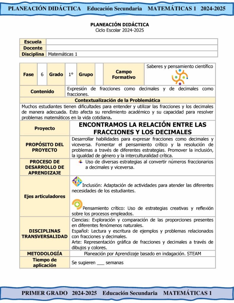 Programa Analítico Anual MATEMÁTICAS 1, Secundaria 1º (Ciclo Escolar ...