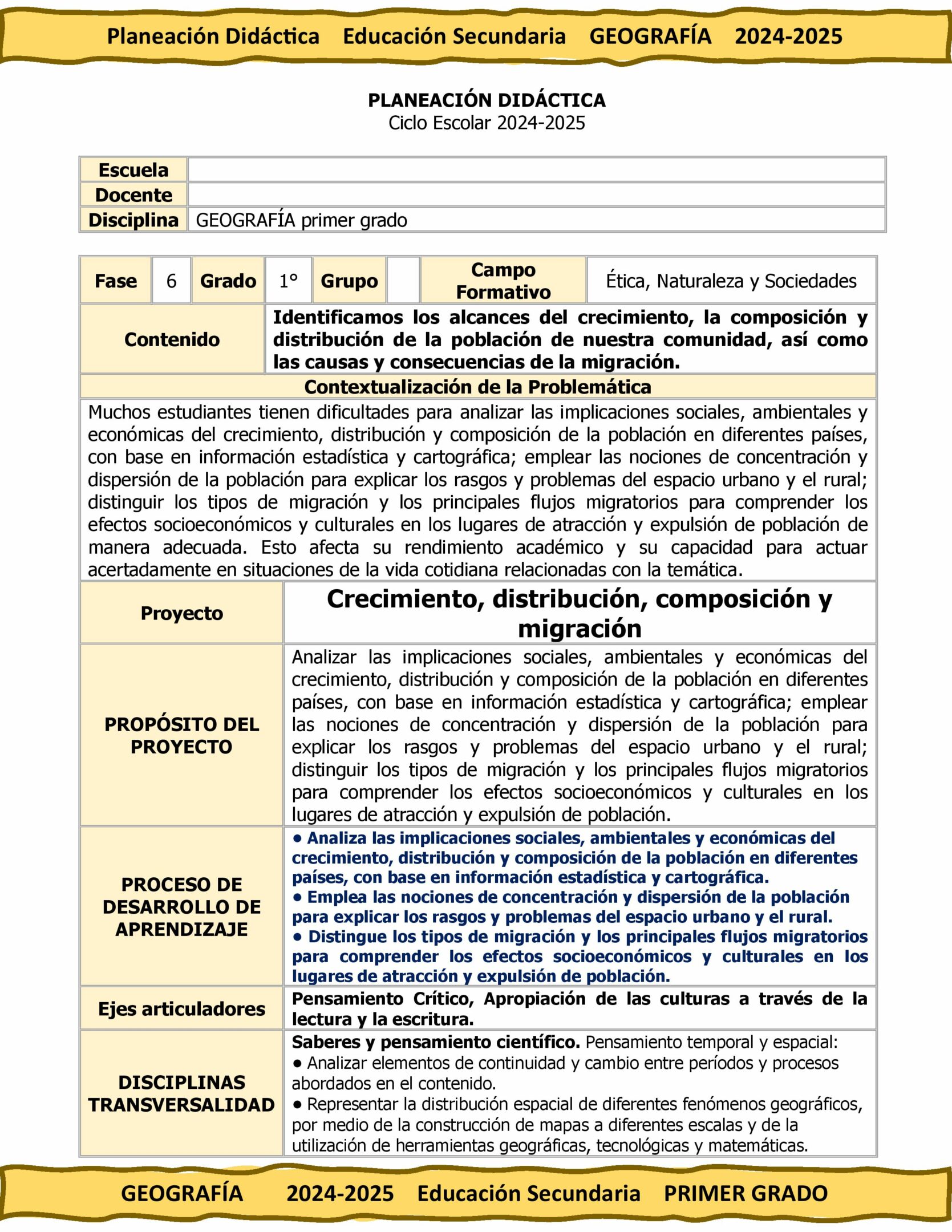 Programa Analítico Anual GEOGRAFÍA, Secundaria 1º (Ciclo Escolar 2024 – 2025)