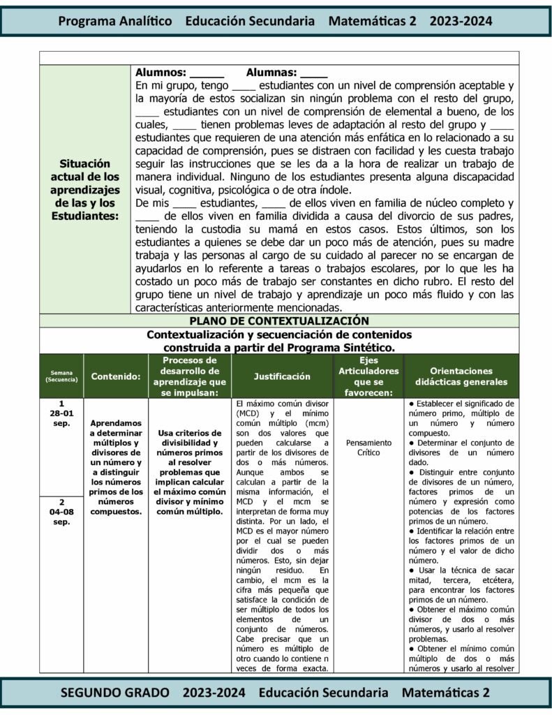 TERCER TRIMESTRE Programa Analítico MATEMÁTICAS 2 Secundaria 2º (Ciclo ...