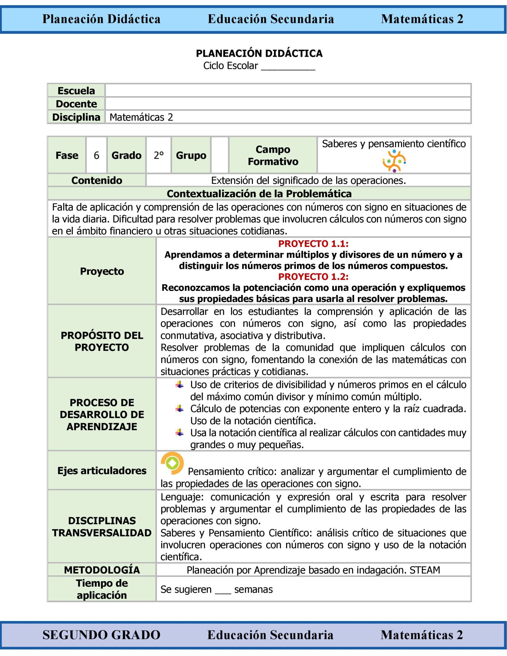 Programa Analítico Anual MATEMÁTICAS 2, Secundaria 2º (Ciclo Escolar ...