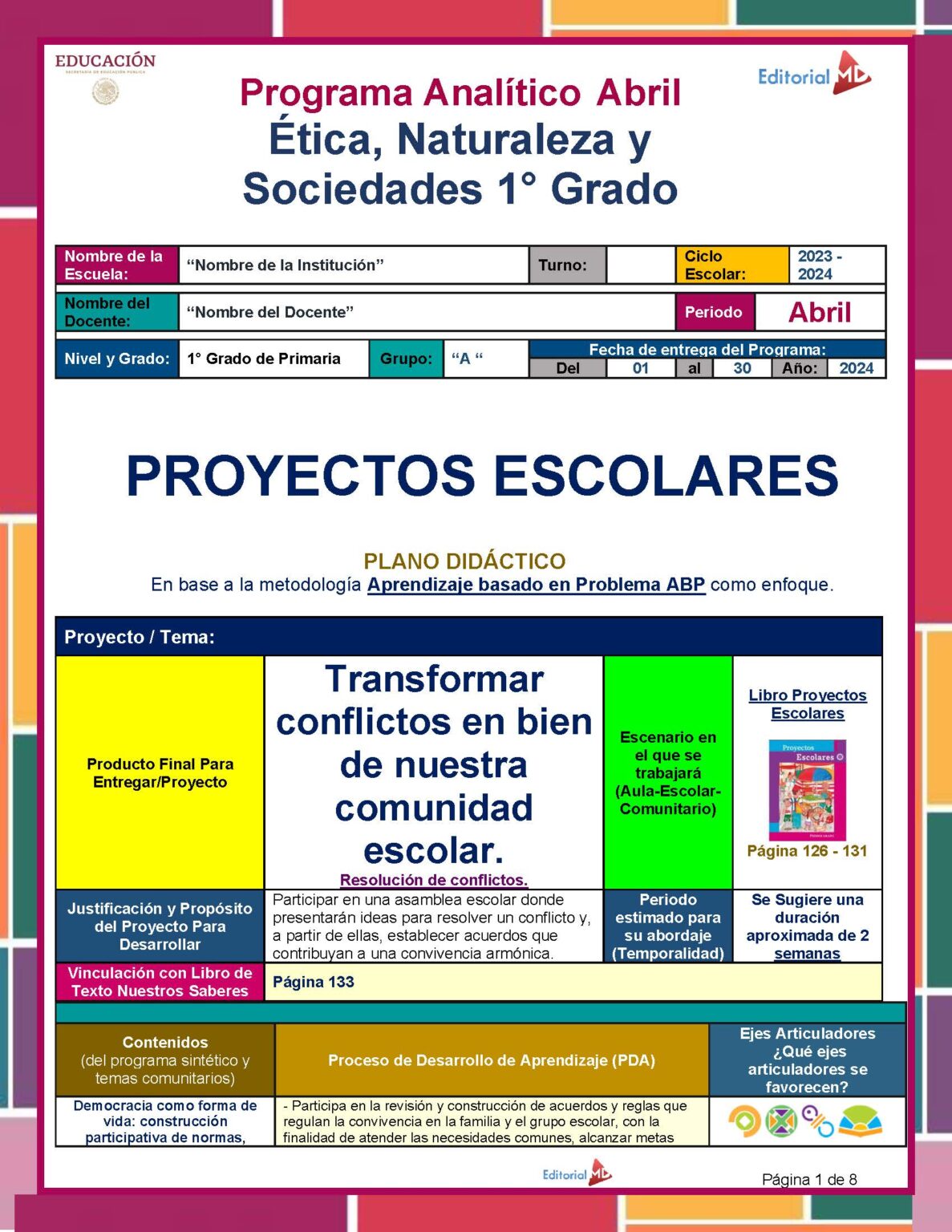 Planeaciones del mes de Abril Primer Grado 2024 (NEM)