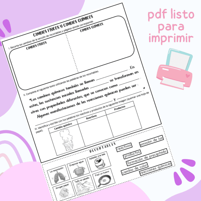 Cambios físicos y químicos hoja de trabajo