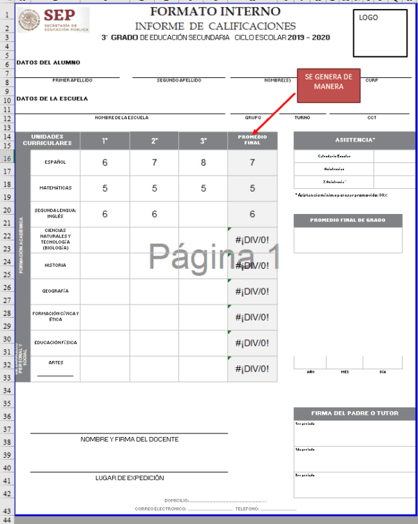 Boleta Editable de 1ro de Secundaria