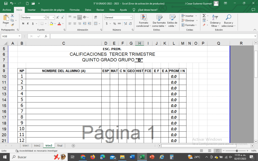 CONCENTRADO DE CALIFICACIONES 5° GRADO