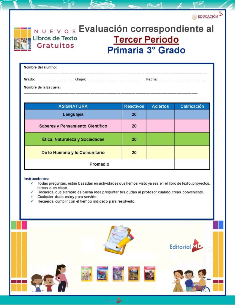 Exámenes de Primaria 3° Grado (NEM 2025 – 2026) 3er Trimestre
