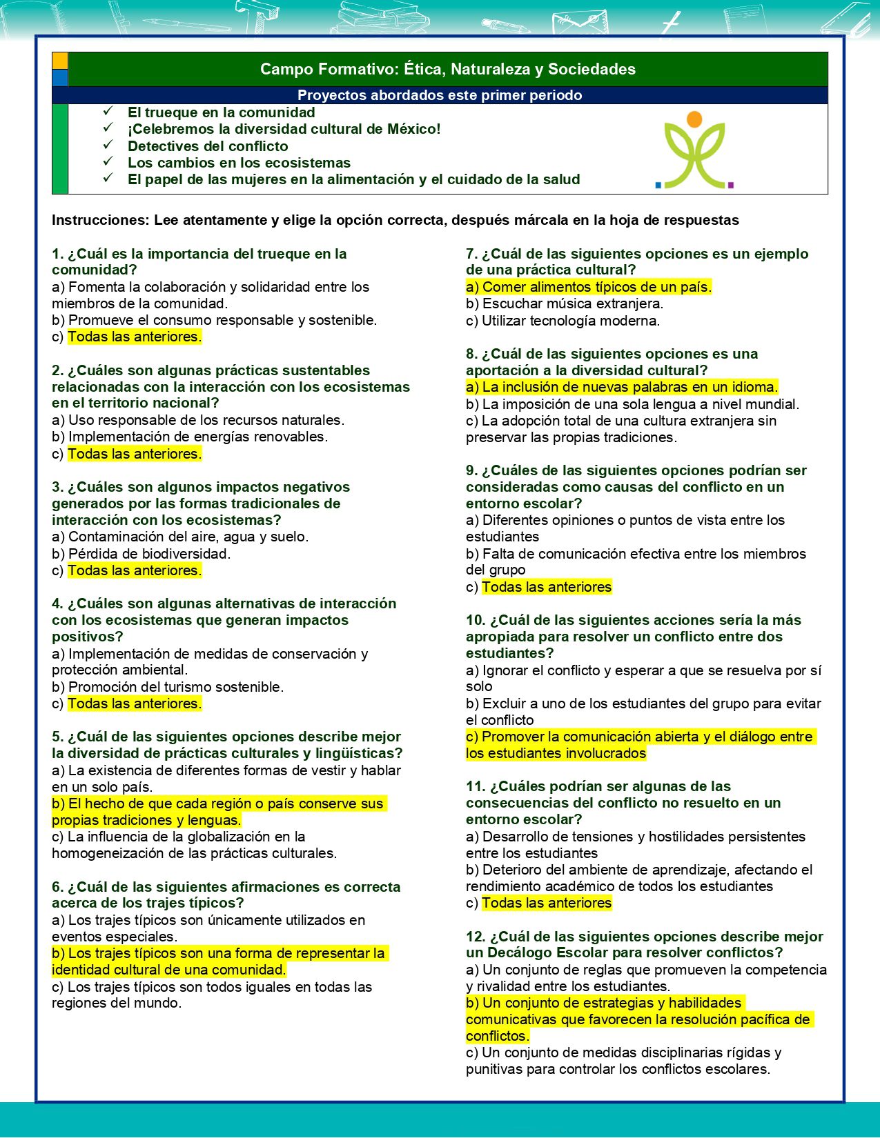 Examen Primer Trimestre Cuarto Grado 2024 -2025 (NEM)