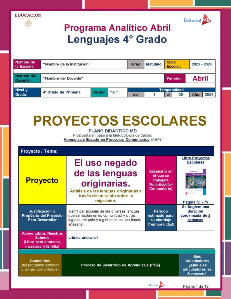 Planeación (Proyectos) Abril Cuarto Grado Primaria NEM 2026