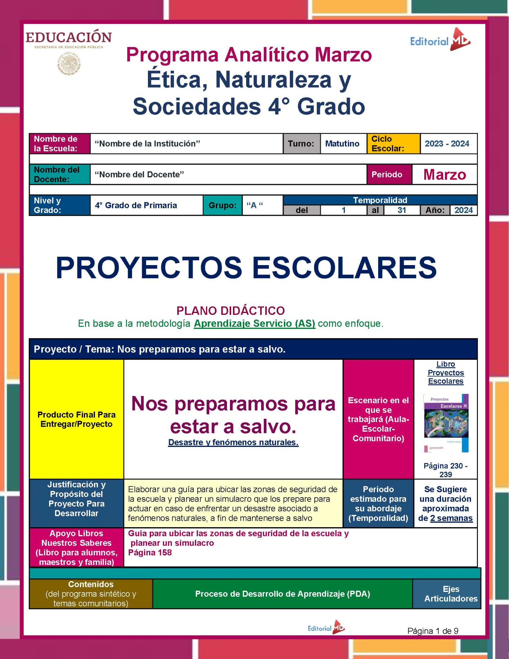 Planeación por Proyectos Marzo CUARTO Grado de Primaria 2025 NEM