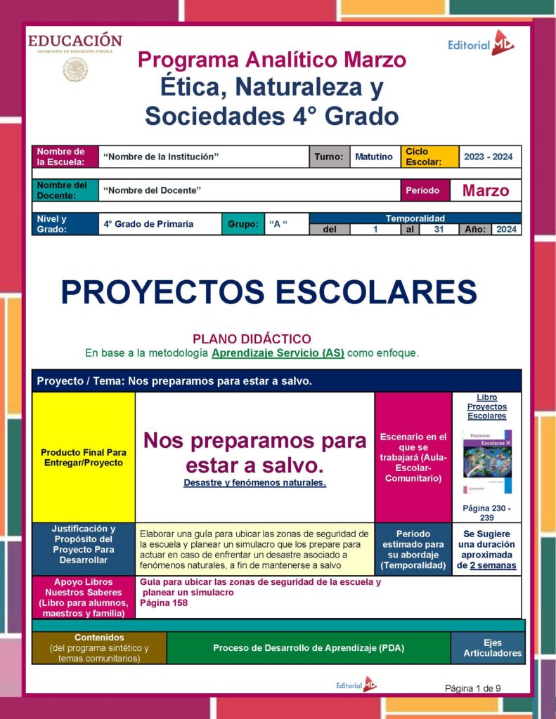Planeación por Proyectos Marzo CUARTO Grado de Primaria 2025 NEM