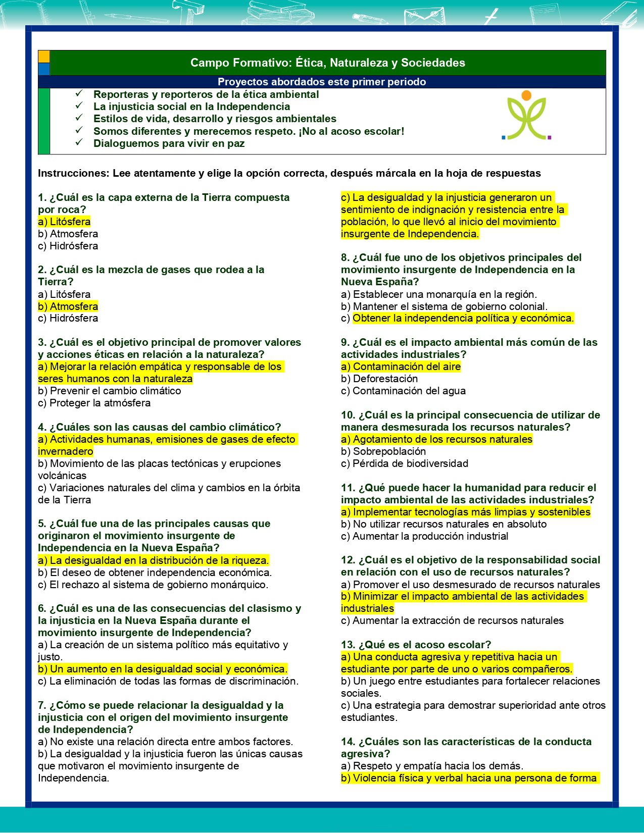 Exámenes de Primaria 5° Grado (NEM 2025 – 2026) 1er Trimestre