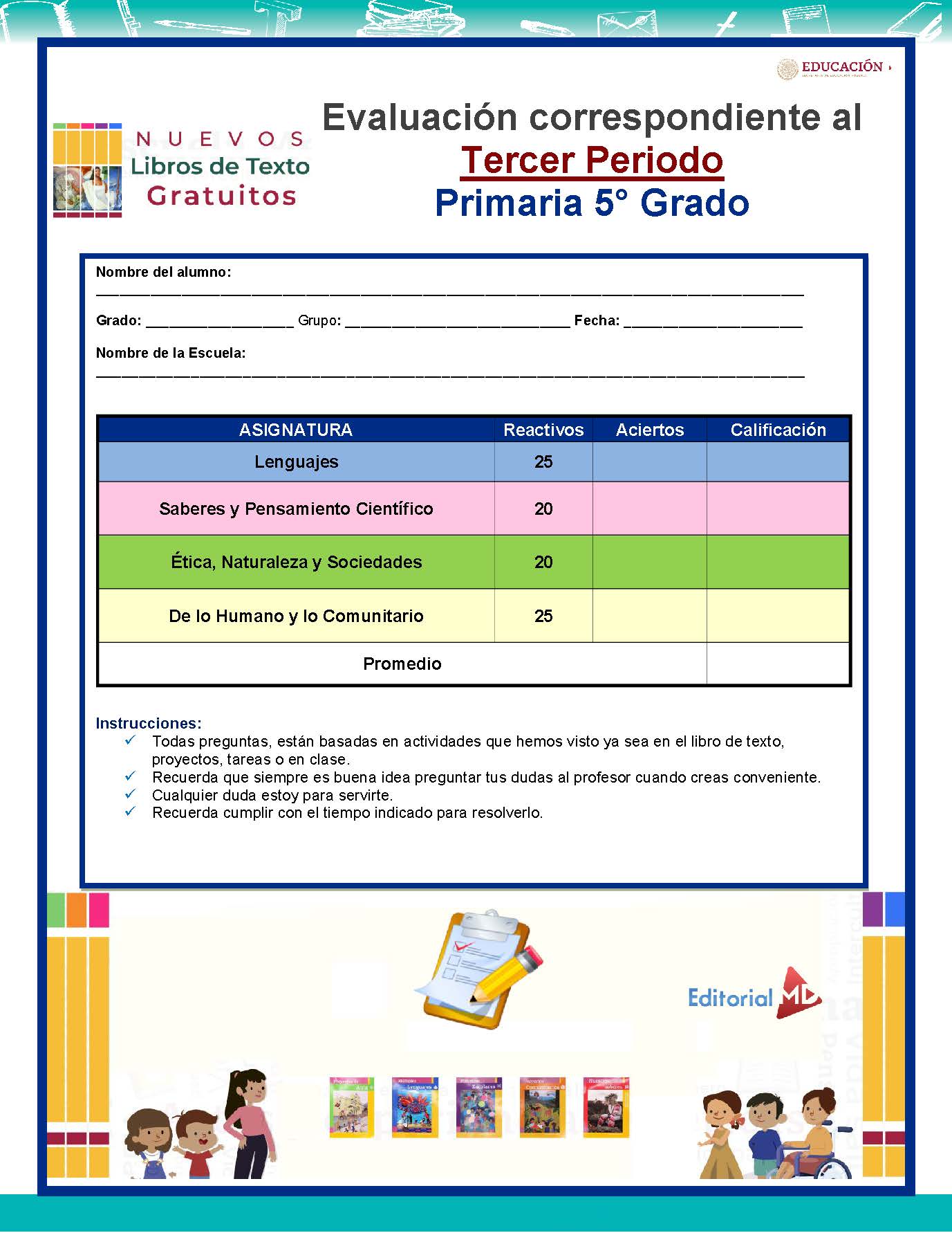 Exámenes de Primaria 5 ° Grado (NEM 2025 – 2026) 3er Trimestre