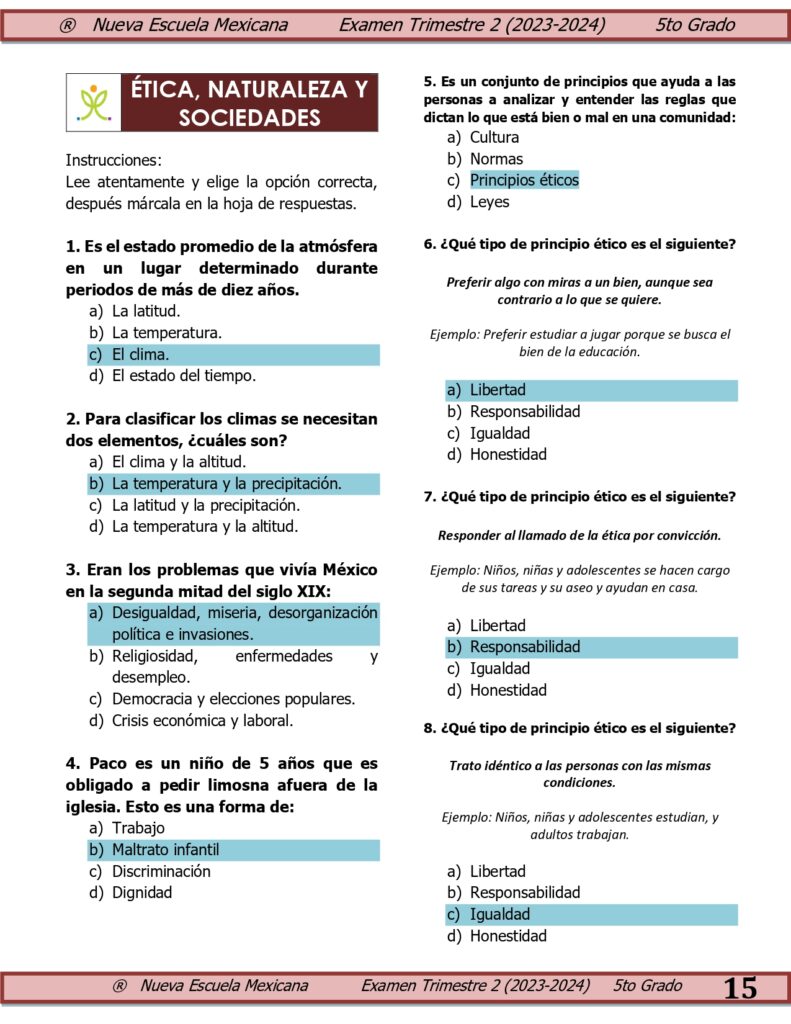 Examen Trimestre 2, 5to Grado, Ciclo escolar 2023-2024