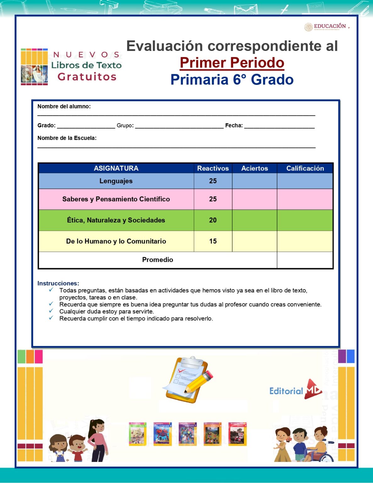 Exámenes de Primaria 6° Grado (NEM 2025 – 2026) 1er Trimestre