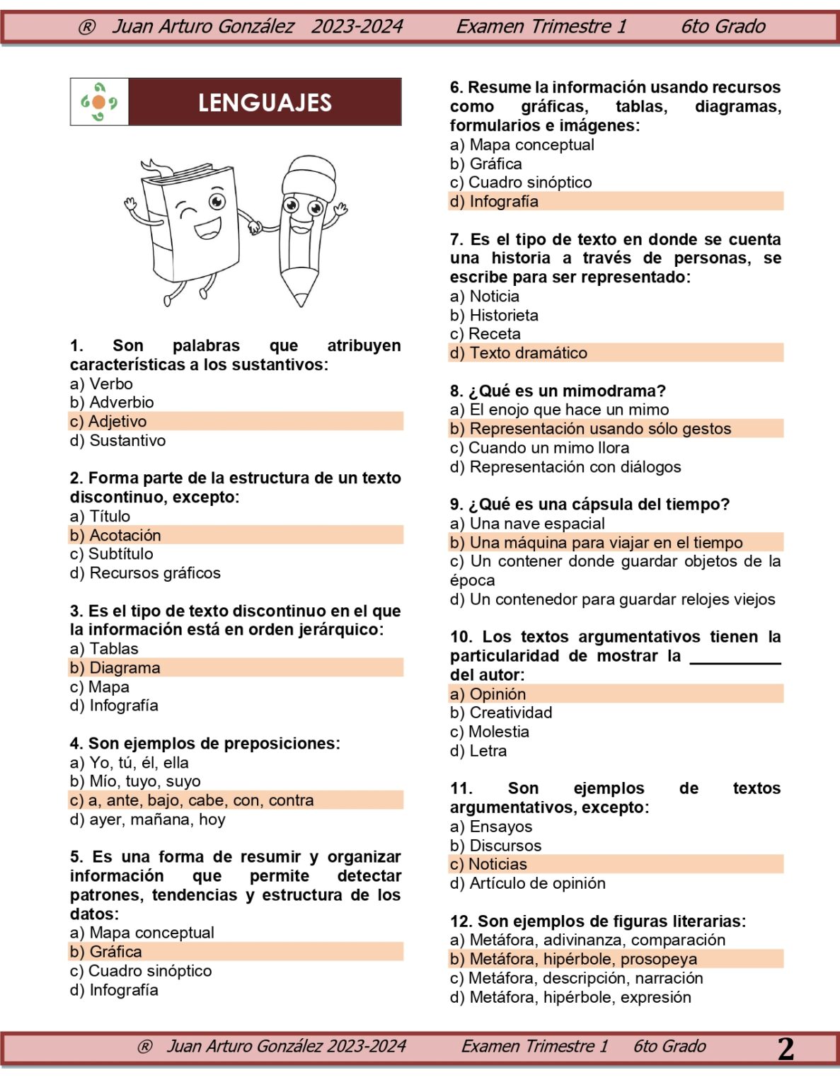 Examen Trimestre 1, 6to Grado, Ciclo escolar 2023-2024