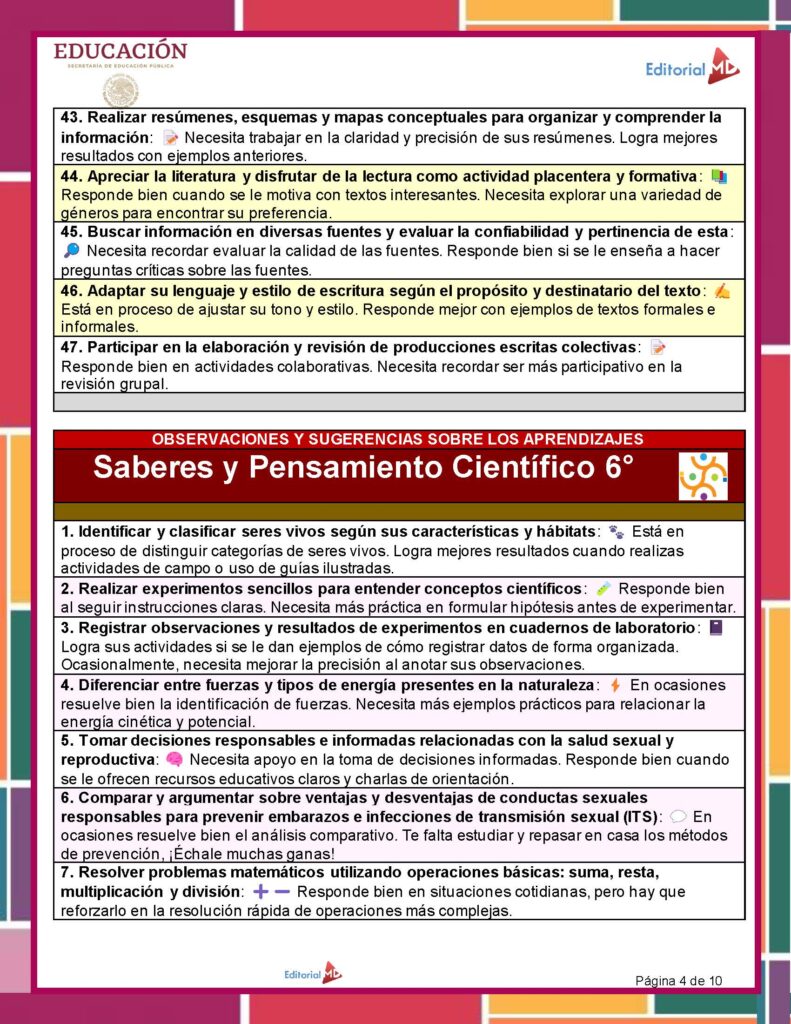 Observaciones Para Boletas por Campo Formativo