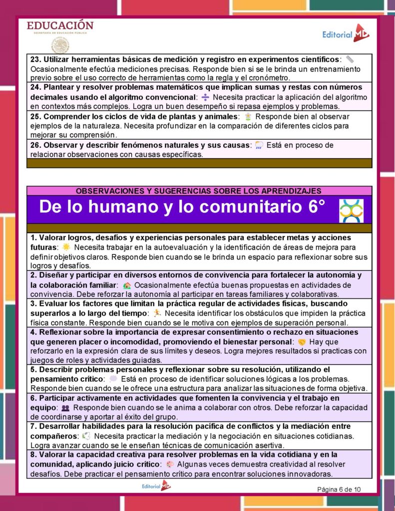 Observaciones Para Boletas por Campo Formativo