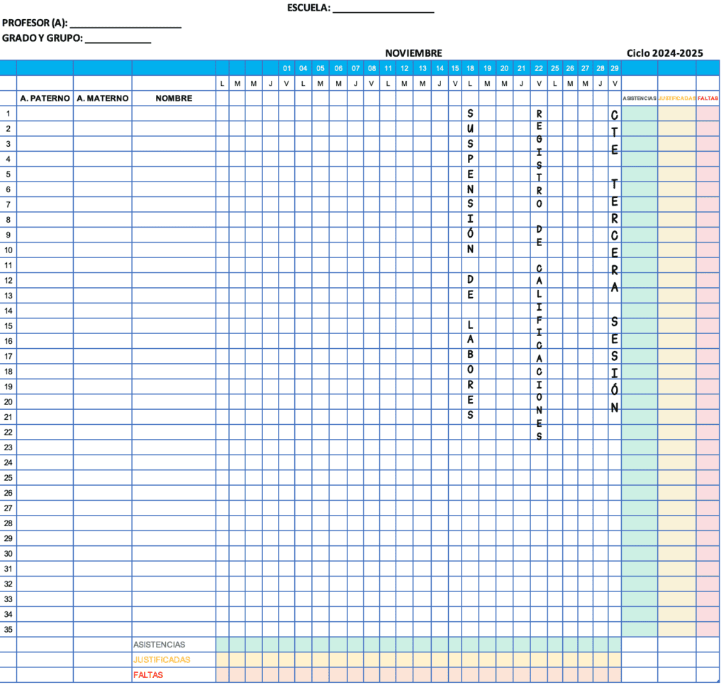 LISTA DE ASISTENCIA EN EXCEL CICLO 2024-2025