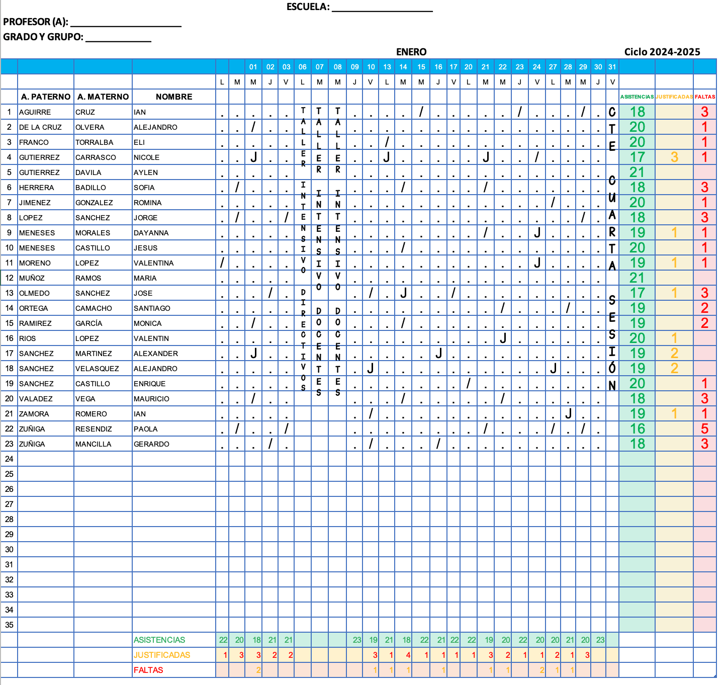 LISTA DE ASISTENCIA EN EXCEL CICLO 2024-2025
