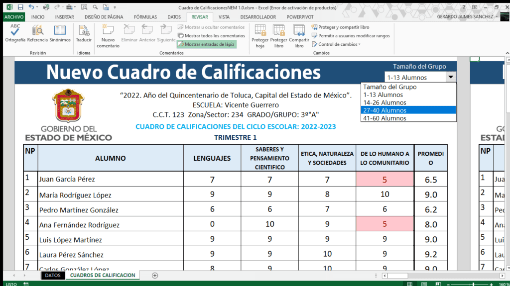 Cuadro de Calificación Automatizado Excel 2023 - 2024