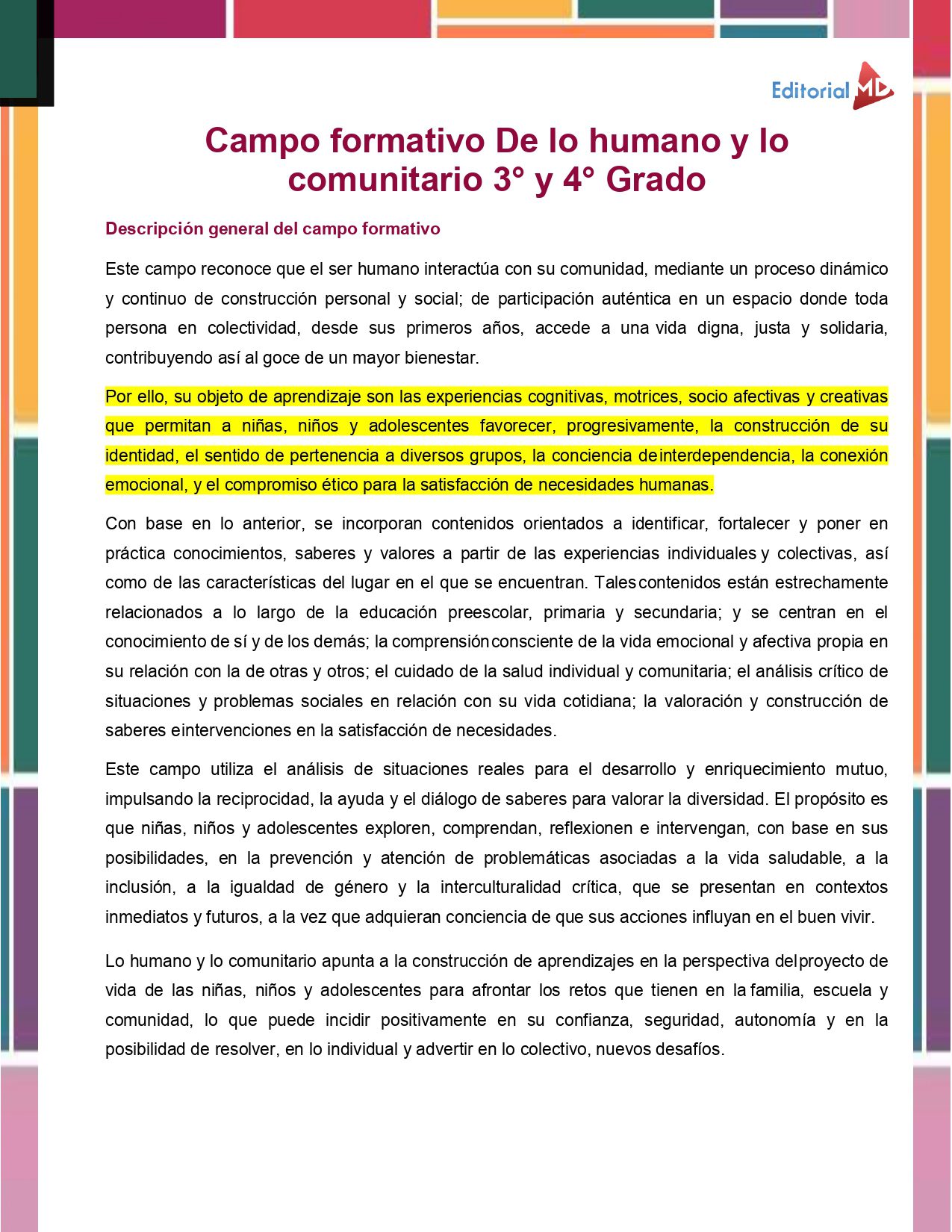 Programa Sintético DE LO HUMANO Y LO COMUNITARIO (Todos los Grados de ...