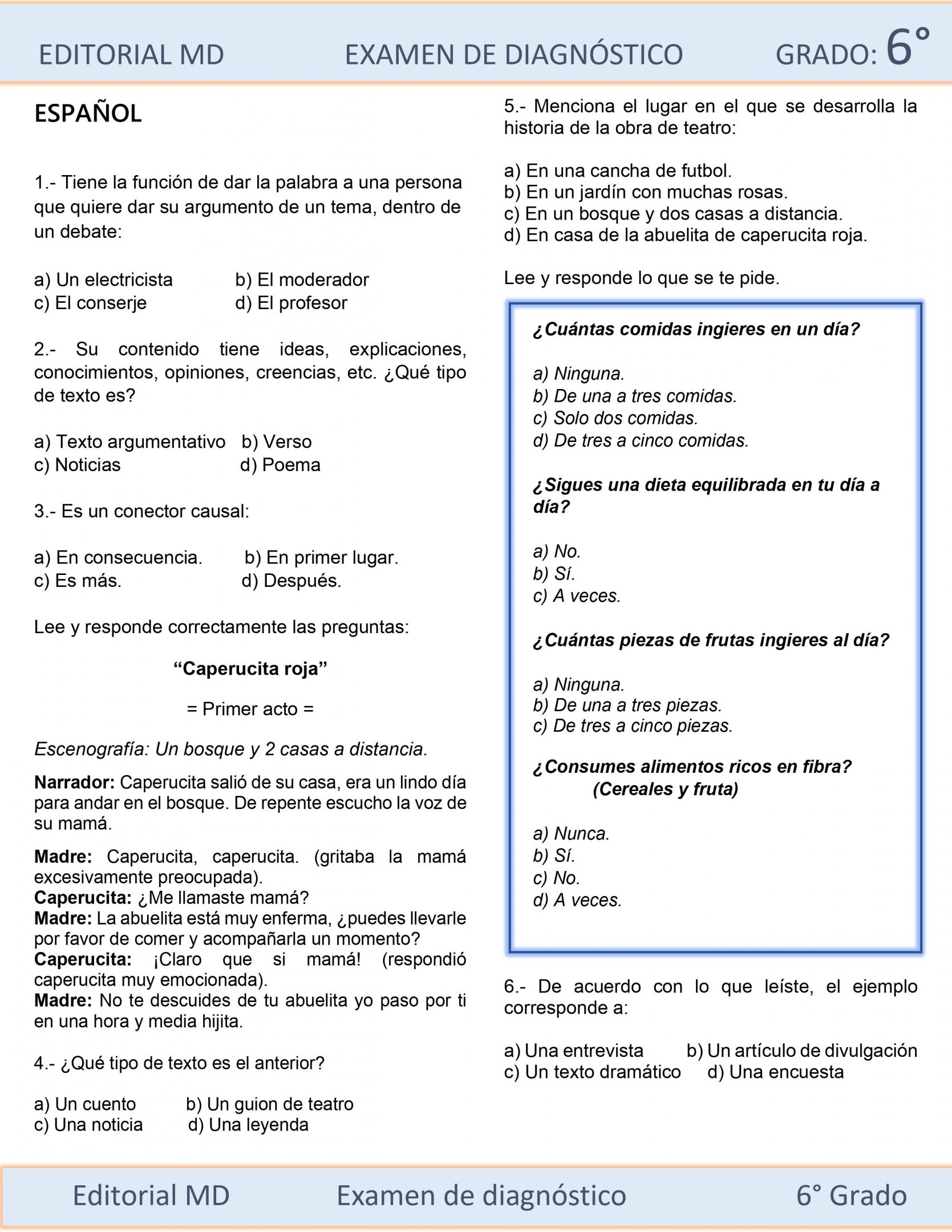 Examen Diagnóstico Sexto Grado Primaria ¡Incluye Respuestas!