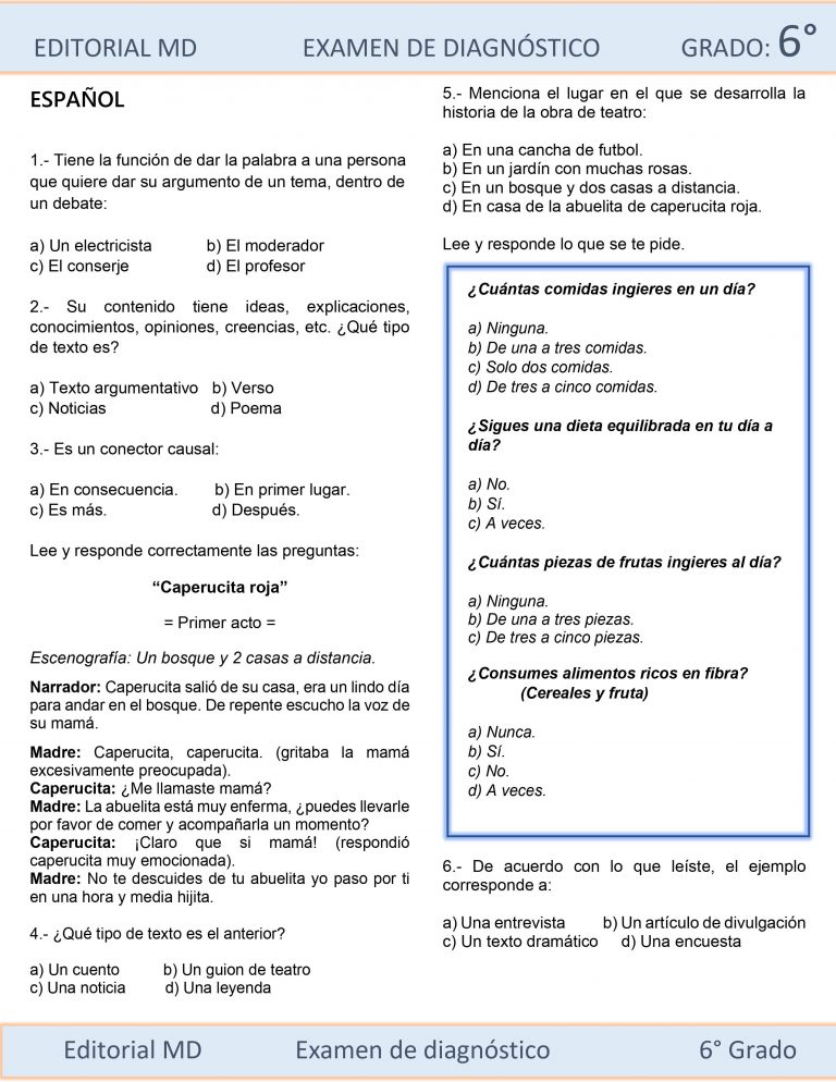 Examen Diagnóstico Sexto Grado Primaria ¡Incluye Respuestas!
