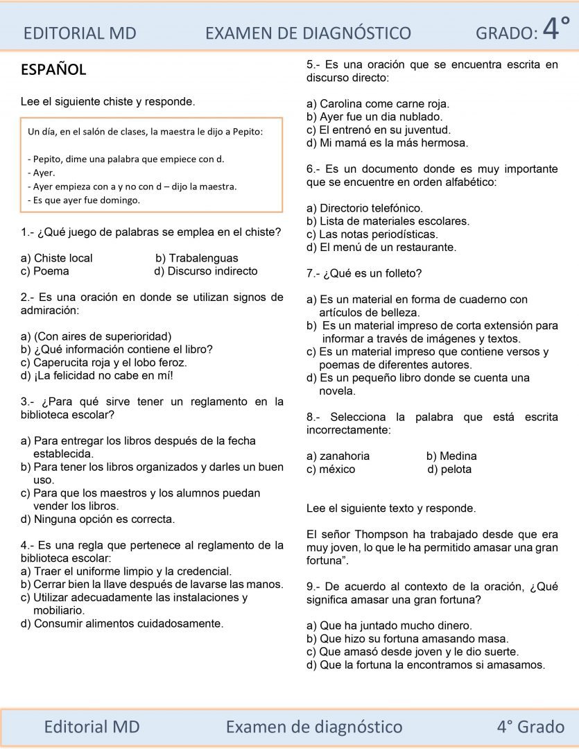 Examen Diagnostico Cuarto Grado de Primaria 2023-2024