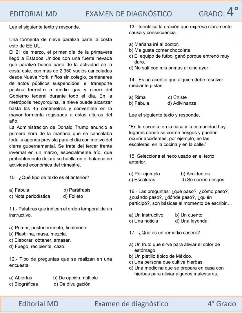 Examen Diagnostico Cuarto Grado de Primaria 2023-2024
