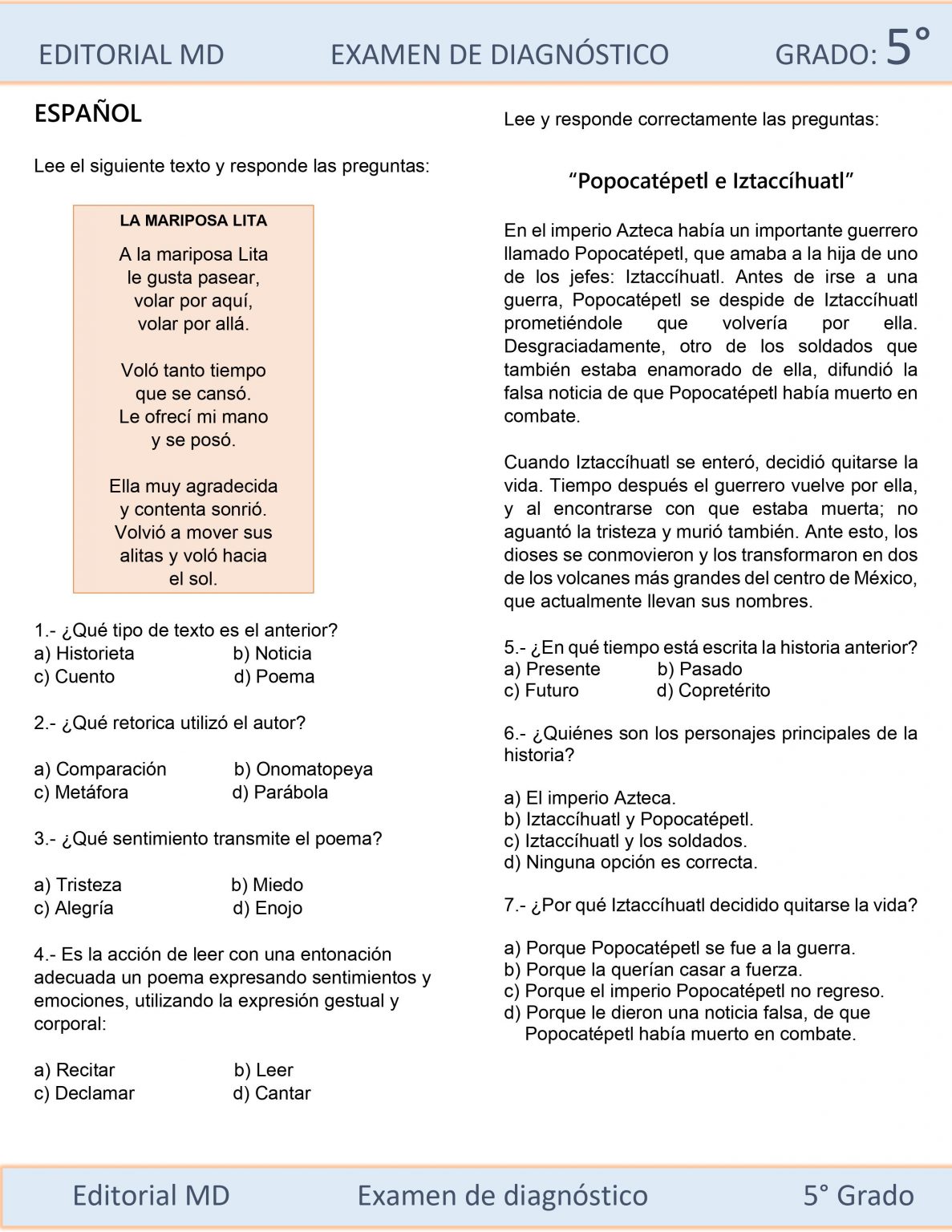 Examen Diagnostico Quinto Grado de Primaria NEM 2024