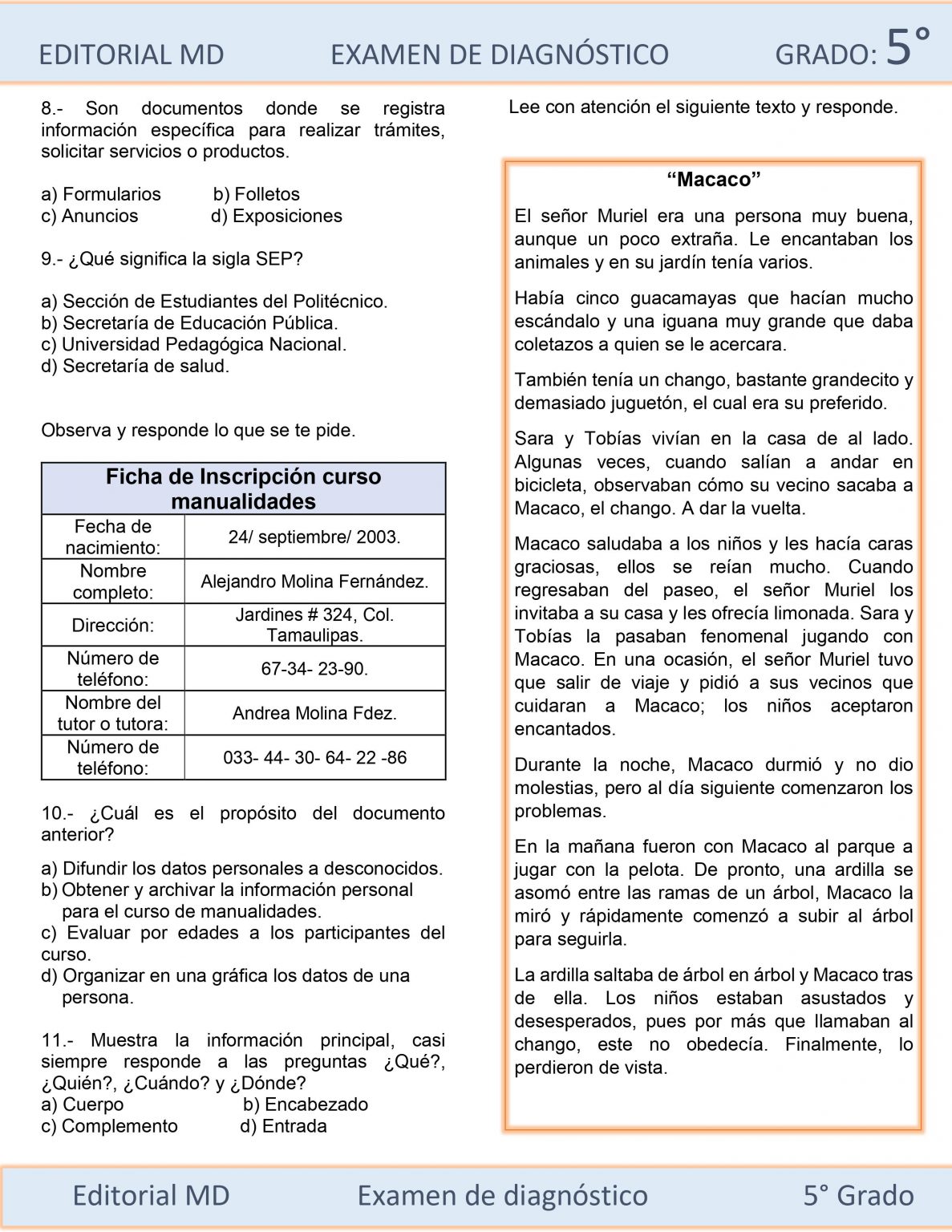 Examen Diagnostico Quinto Grado de Primaria NEM 2024