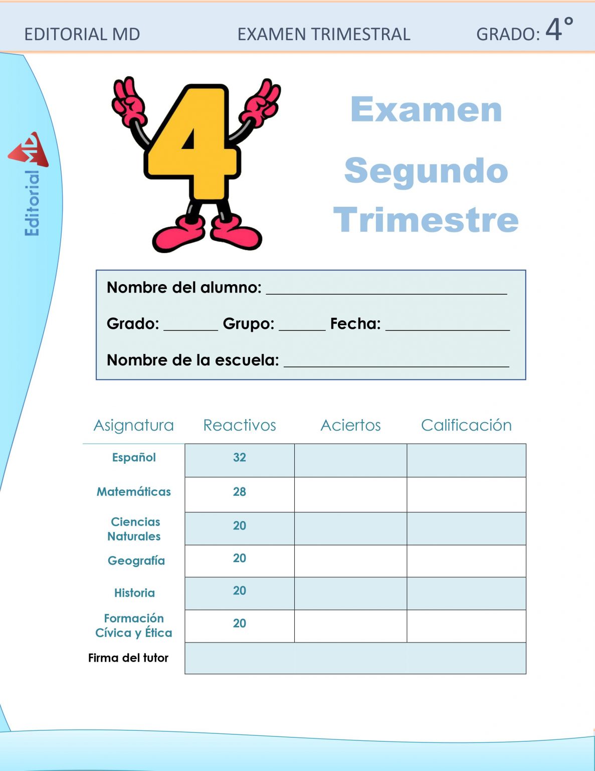 Examen Trimestral Cuarto Grado de Primaria (DESCARGABLE)