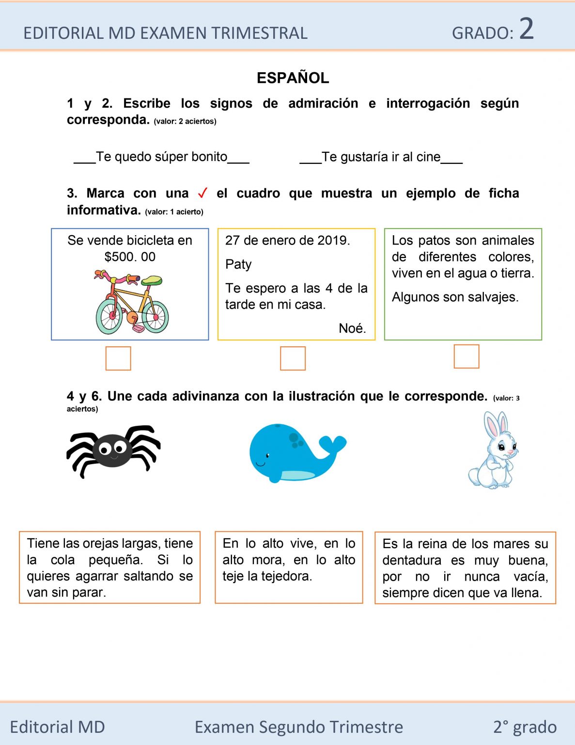 Examen Trimestral Segundo Grado de Primaria (PLAN 2017)
