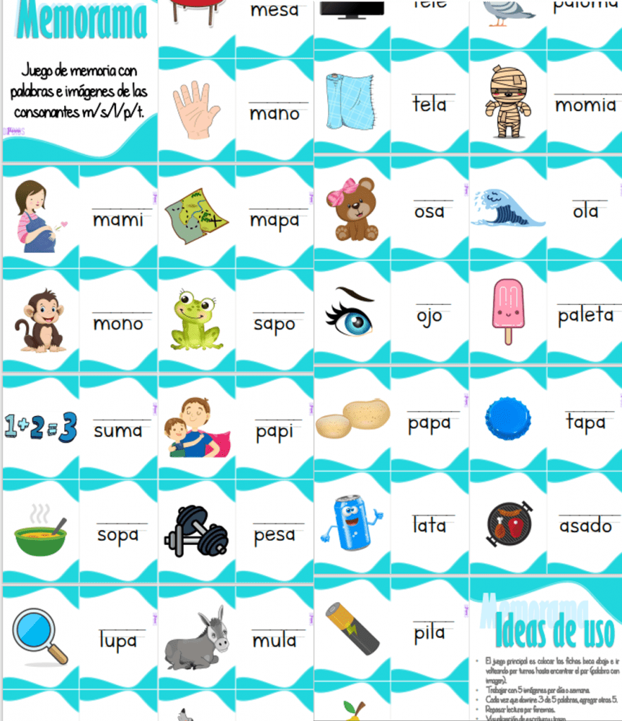 Memorama de palabras con imágenes de las consonantes m - s - l - p - t