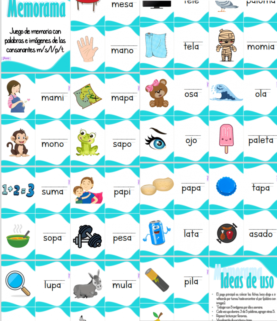 Memorama de palabras con imágenes de las consonantes m - s - l - p - t
