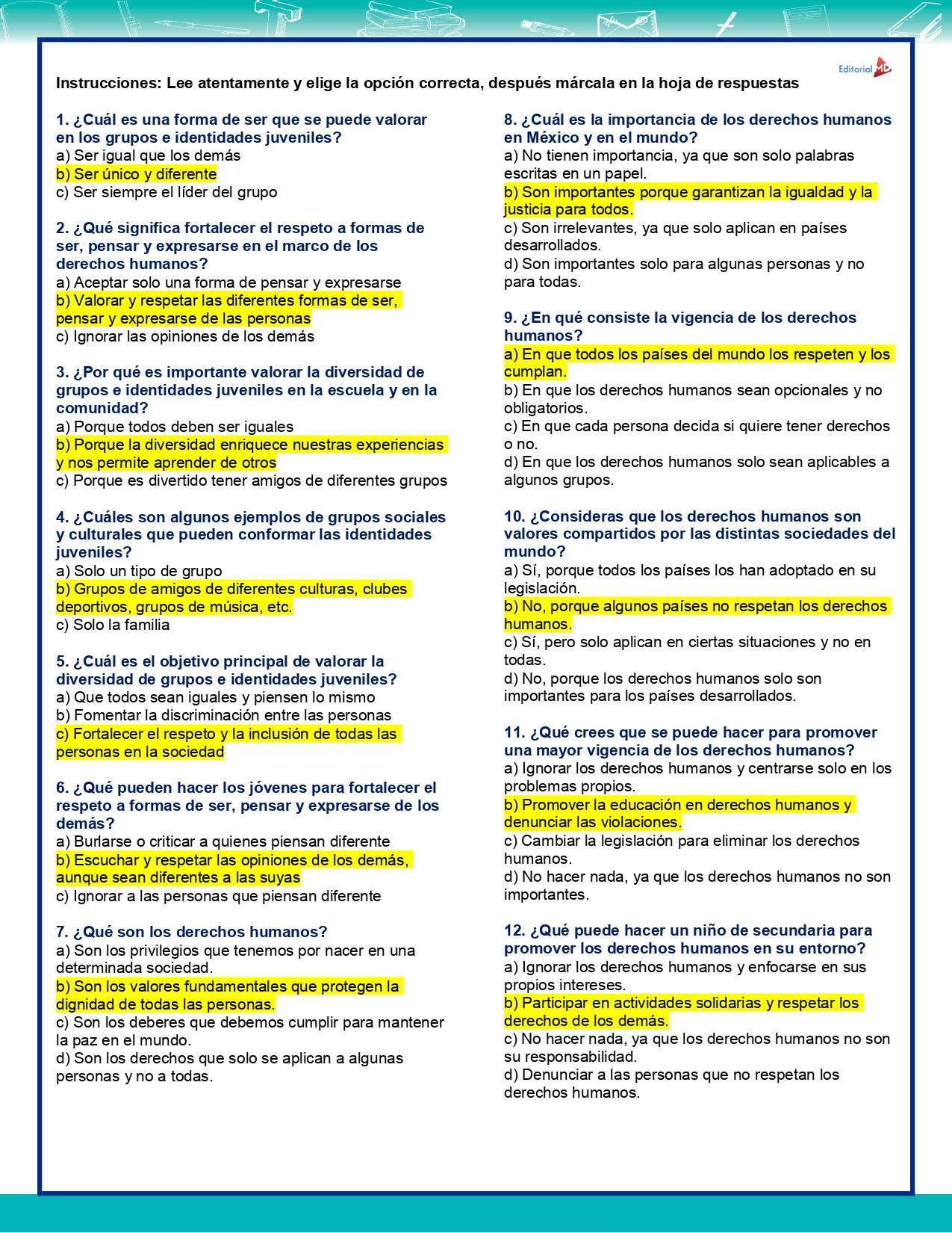 Examen Primer Trimestre Formacion Civica y Etica segundo de secundaria