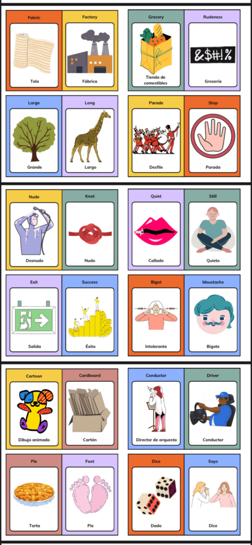 Flashcards de falsos cognados (español e ingles)