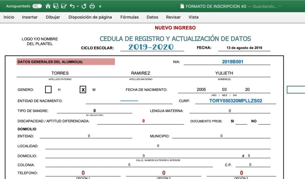 Formato de Inscripción en Excel