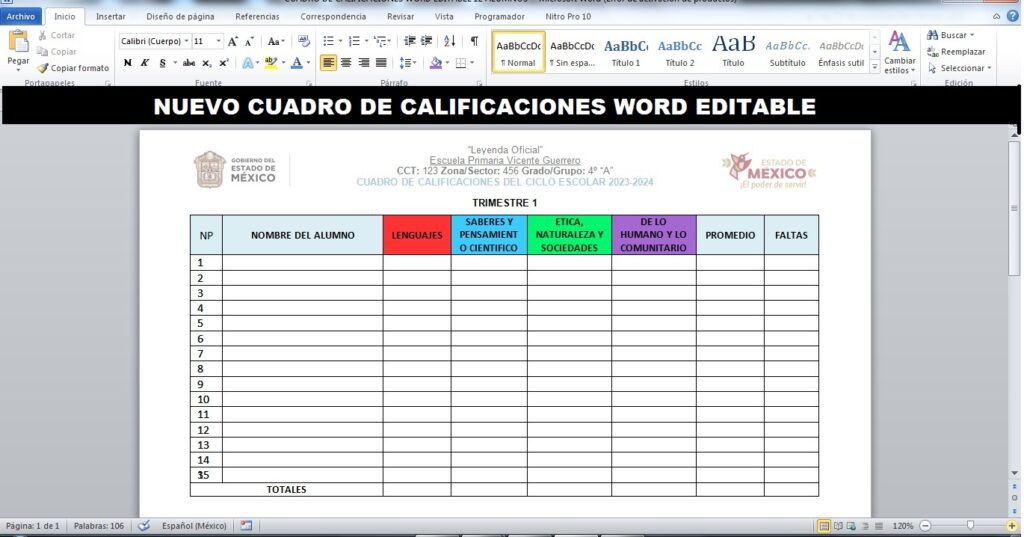 Cuadro de Calificaciones 100% Editable en Word