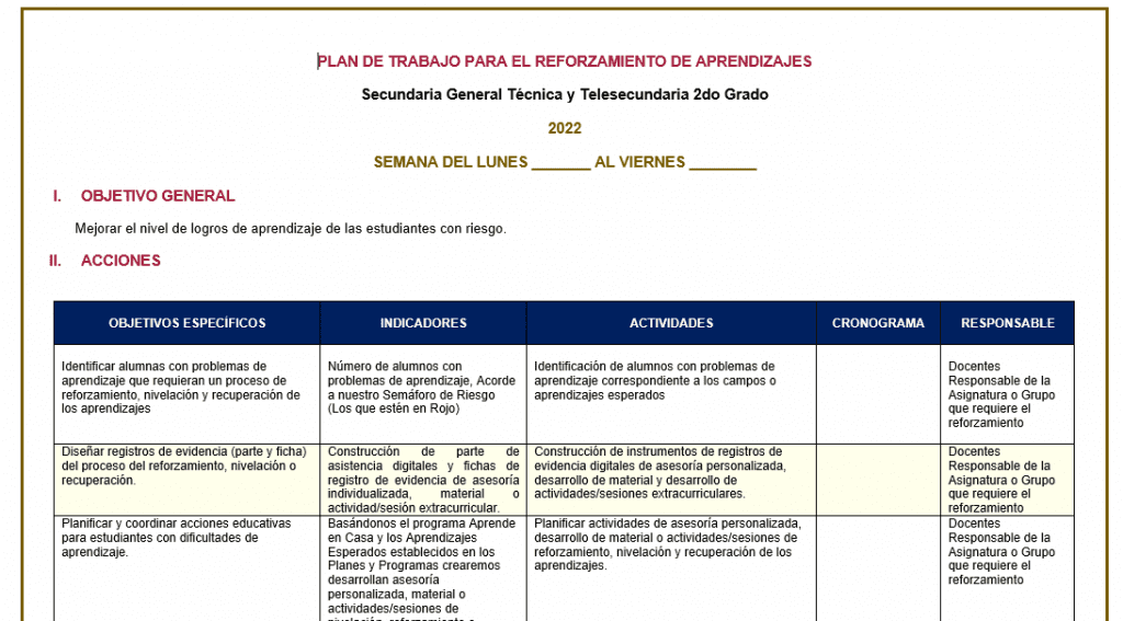 Plan de reforzamiento para 2do Grado de Secundaria y Teles
