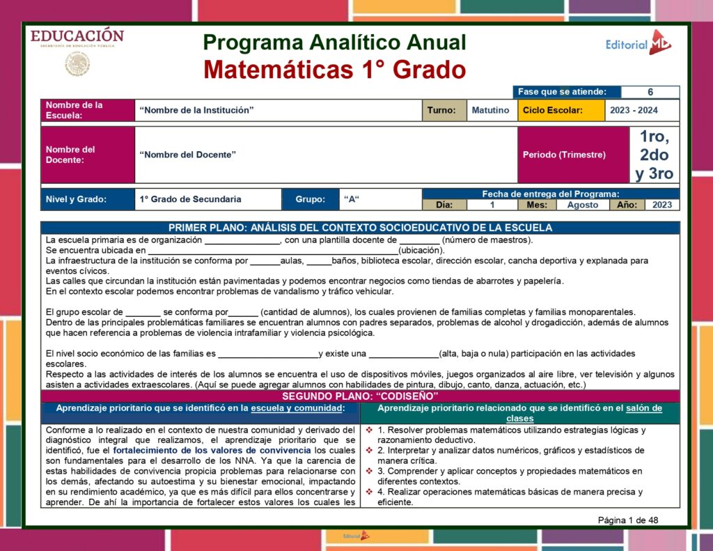 Programa Analítico Matemáticas 1° 2° y 3° Grado Secundaria