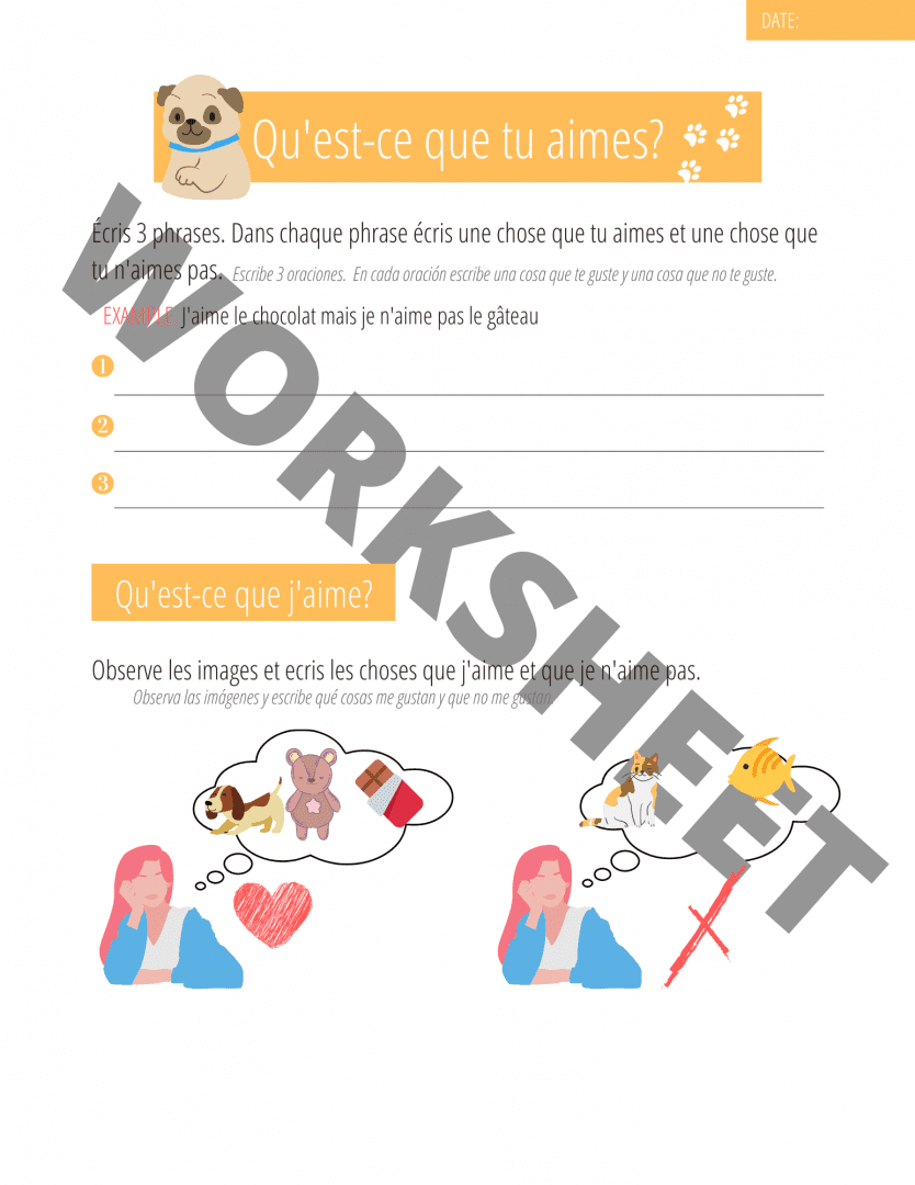 Qu'est-ce que tu aimes? ¿Qué te gusta? Actividades en Francés