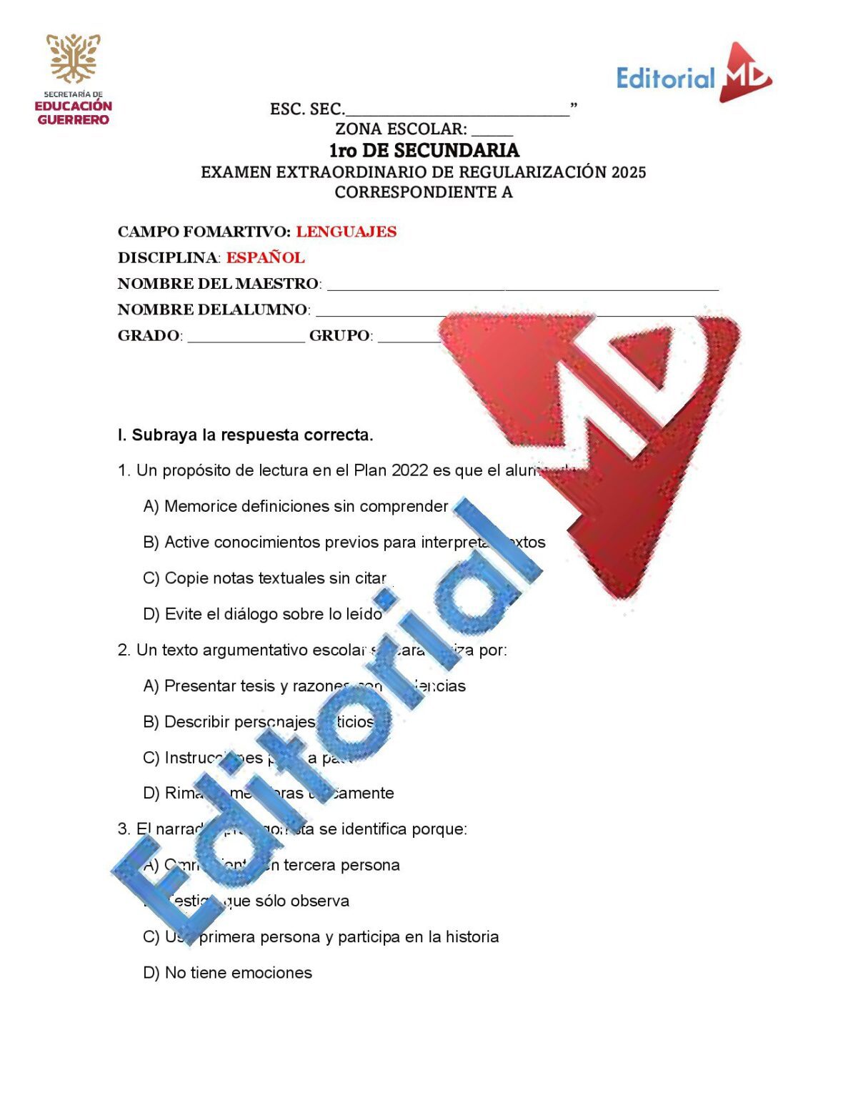 Examen Extraordinario ESPAÑOL PRIMERO de Secundaria NEM 2025