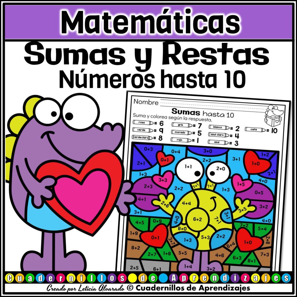 Colorea por Código Sumas y Restas Números hasta 10 San Valentín