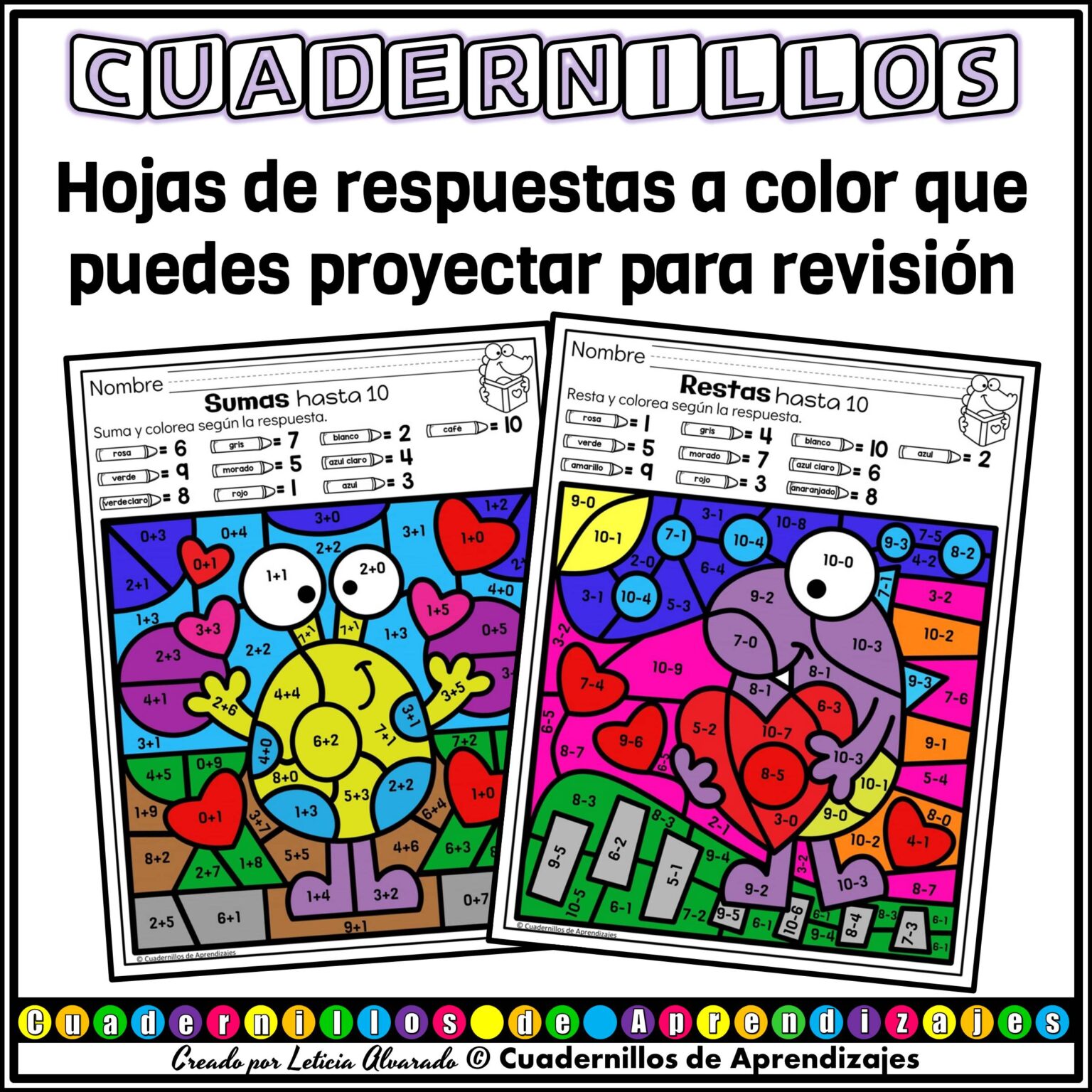 Colorea por Código Sumas y Restas Números hasta 10 San Valentín