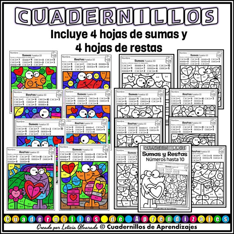 Colorea por Código Sumas y Restas Números hasta 10 San Valentín