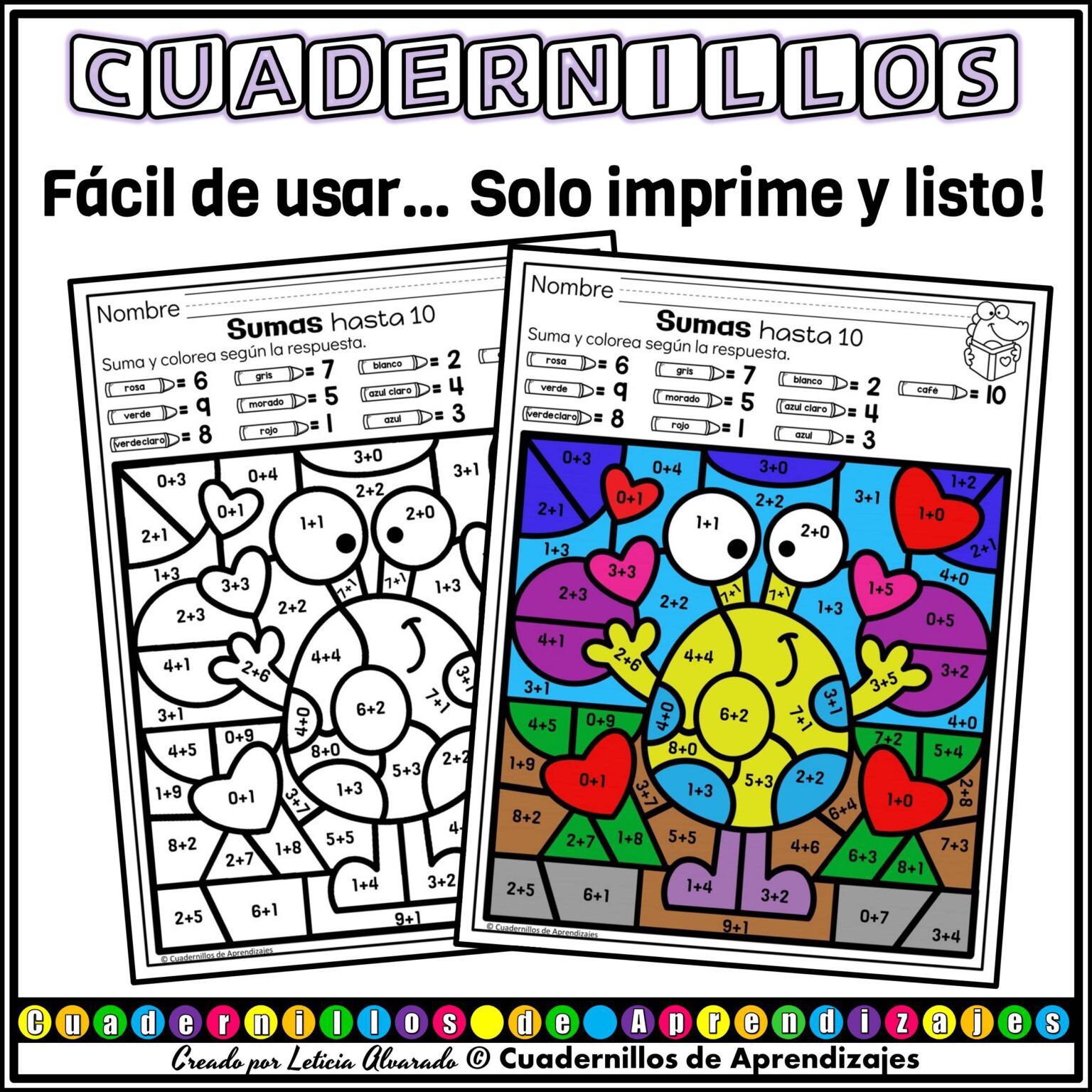 Colorea por Código Sumas y Restas Números hasta 10 San Valentín