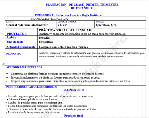 Planeación Primer Trimestre Español 2 Grado de Secundaria (Proyectos)