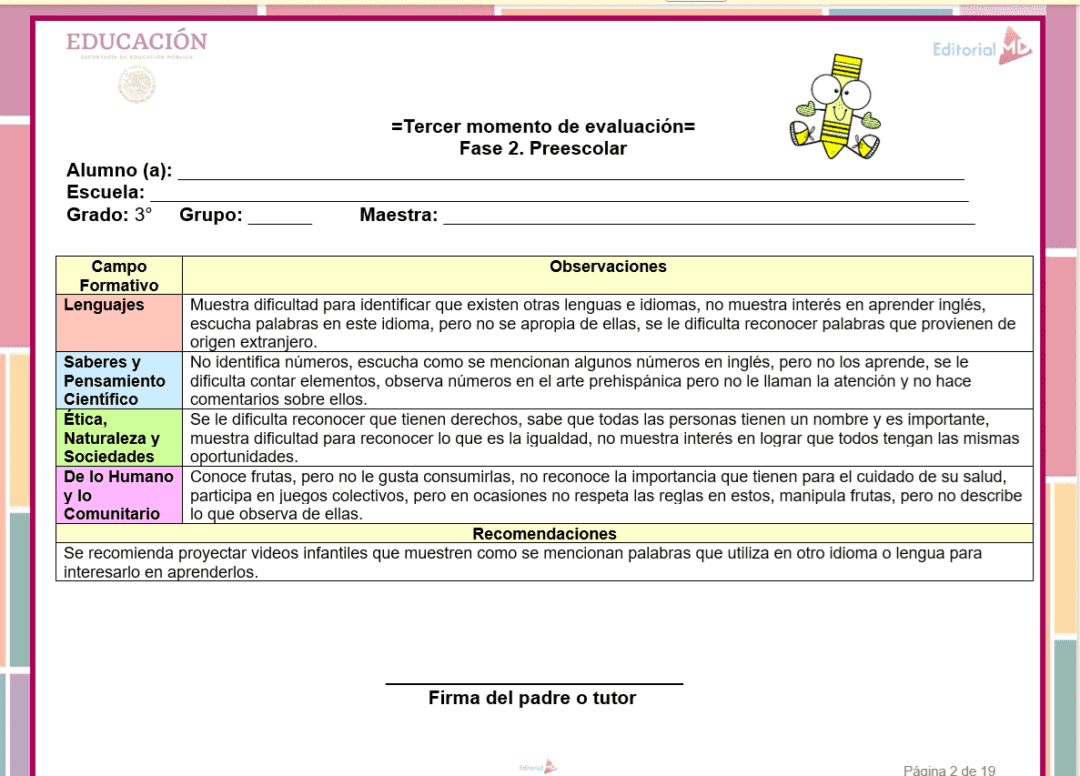 Reporte de Evaluación del Tercer Momento Preescolar | Formato Editable